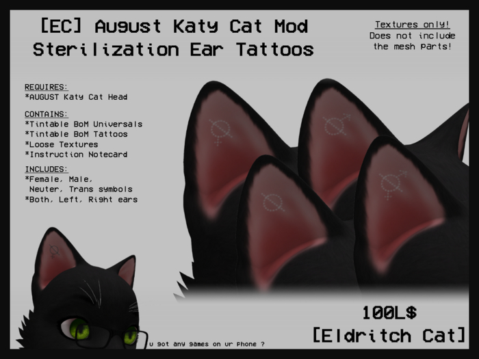 Second Life Marketplace - [Eldritch Cat] Katy Cat Sterilization Ear Tattoos
